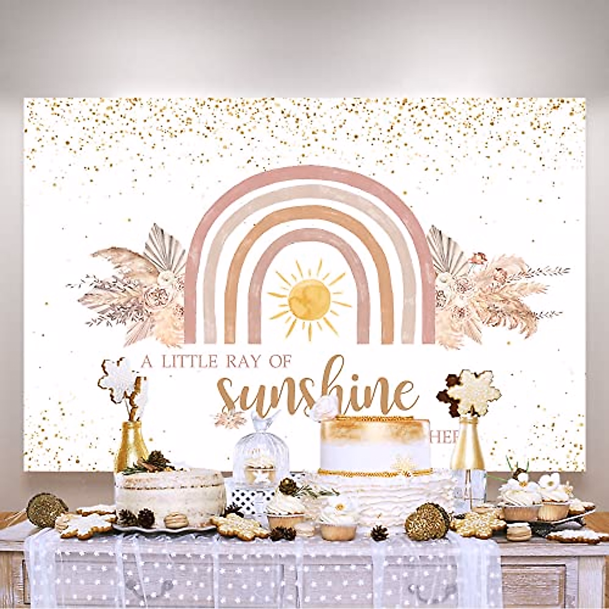 Ticuenicoa 5×3ft Boho Rainbow Baby Shower Backdrop A Little Ray of Sunshine is Almost Here Baby Shower Party Banner Wall Decorations Boho Pampas Glitter Dots Girls Baby Shower Background