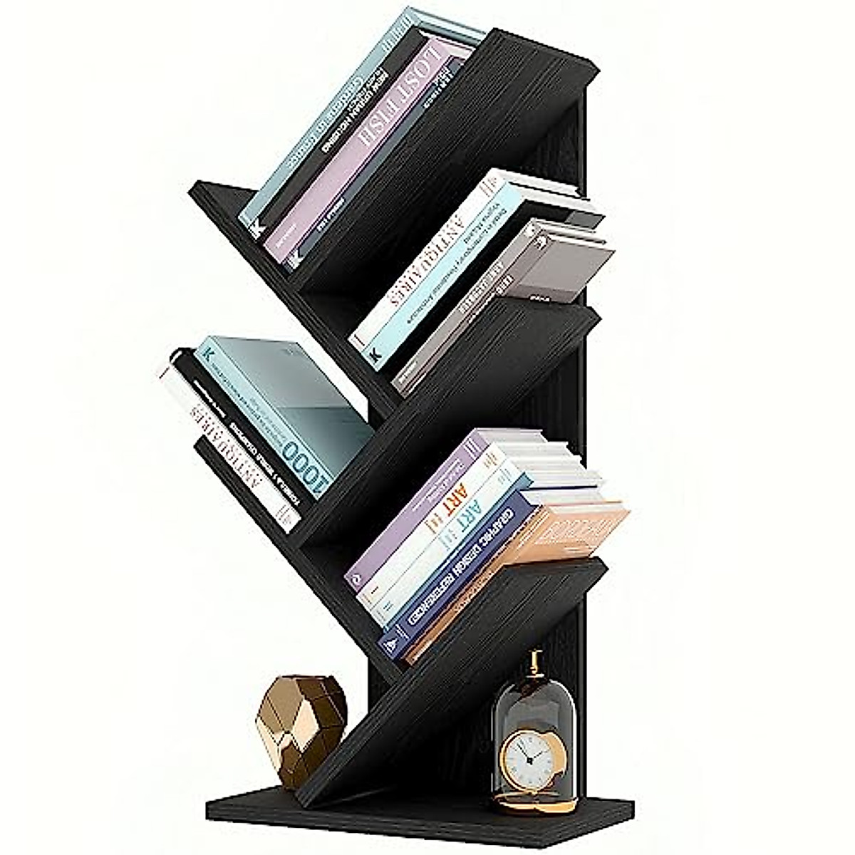 YMYNY 4 Tiers Tree Bookshelf, Floor Standing Bookcase, Wooden Book Storage Organizer, Small Bookshelf for Bedroom, Living Room, Office, Display Rack for CDs/Magazine/Books, Black, 23.6" H, UHBC014B