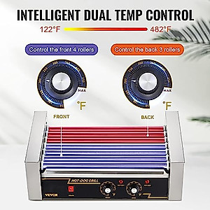 VEVOR Hot Dog Roller 7 Rollers 18 Hot Dogs Capacity 1050W Stainless Sausage Grill Cooker Machine with Dual Temp Control Glass Hood Acrylic Cover Bun Warmer Shelf Removable Oil Drip Tray, ETL Certified