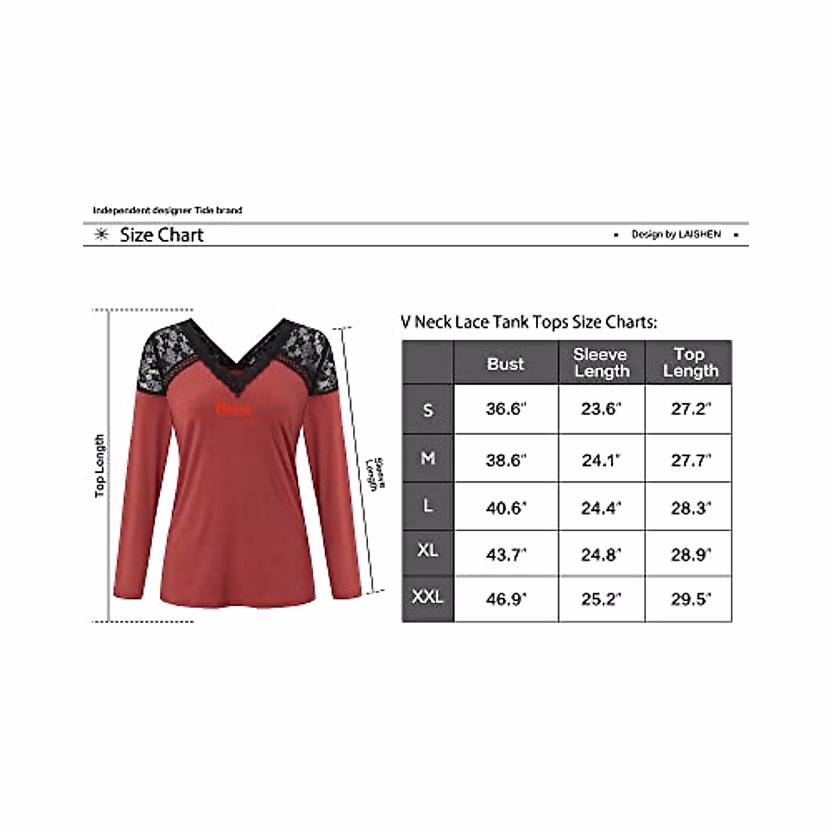 LAISHEN Women's V Neck Crochet Lace Trim Long Sleeve Casual Loose Blouses Tunic Tops(Red,M)