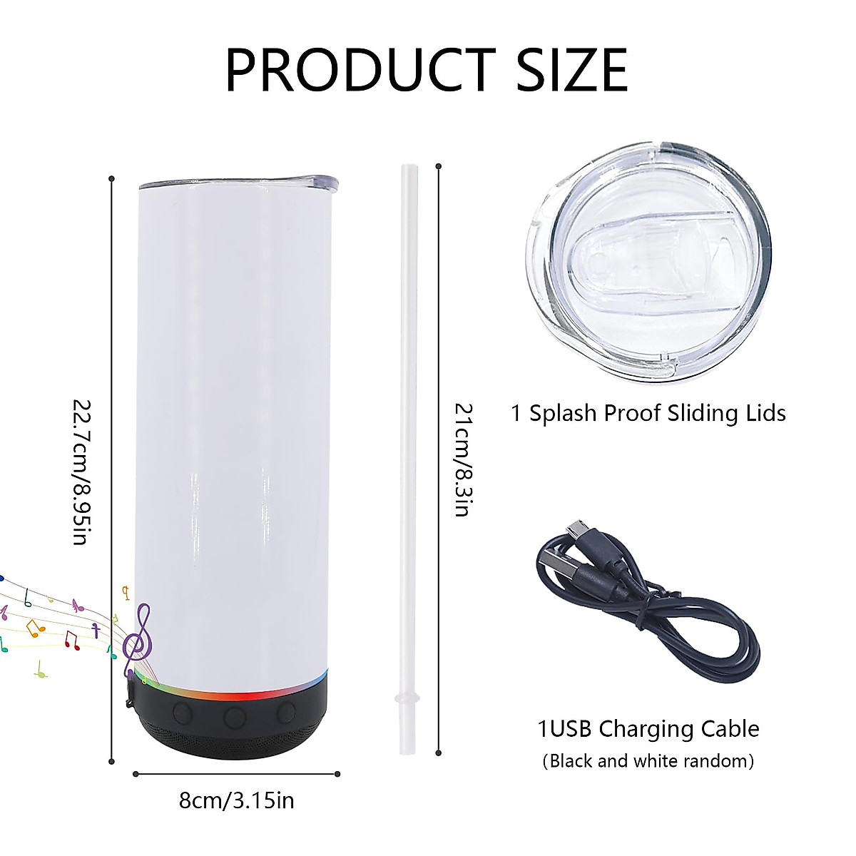 HIZEE 20 oz 1 pack Sublimation Tumbler Blank Bluetooth Music Speaker with Straw and Lid,Skinny Straight Stainless Steel Sublimation Cup Detachable Speaker Suitable for Travel Gifts