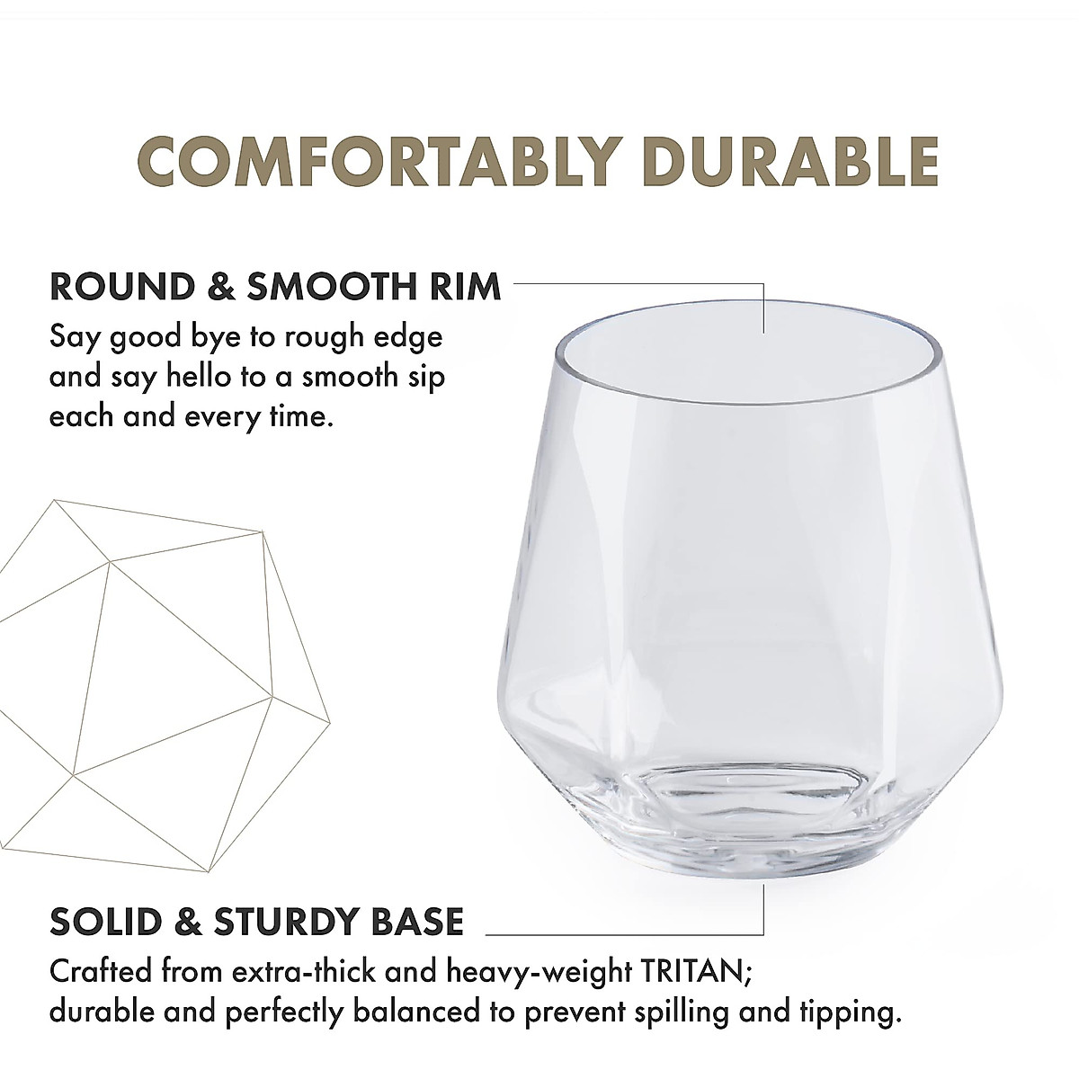 GRANDTIES 12oz Diamond Unbreakable TRITAN Cup set of 4, Plastic Drinking Glasses, BPA-free Stemless Wine Glass, Dishwasher Safe Tumbler, Made in Taiwan- Whisky, Cocktail, Pool, Highball, Party