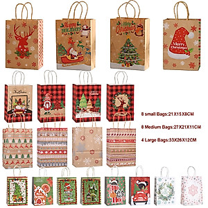 RYMILIE 20 Kraft Christmas Gift Paper Bags Bulk with handles and 20 Count Christmas Gift Tags set for Wrapping Xmas Holiday Presents(8 Small,8 Medium,4 Large)