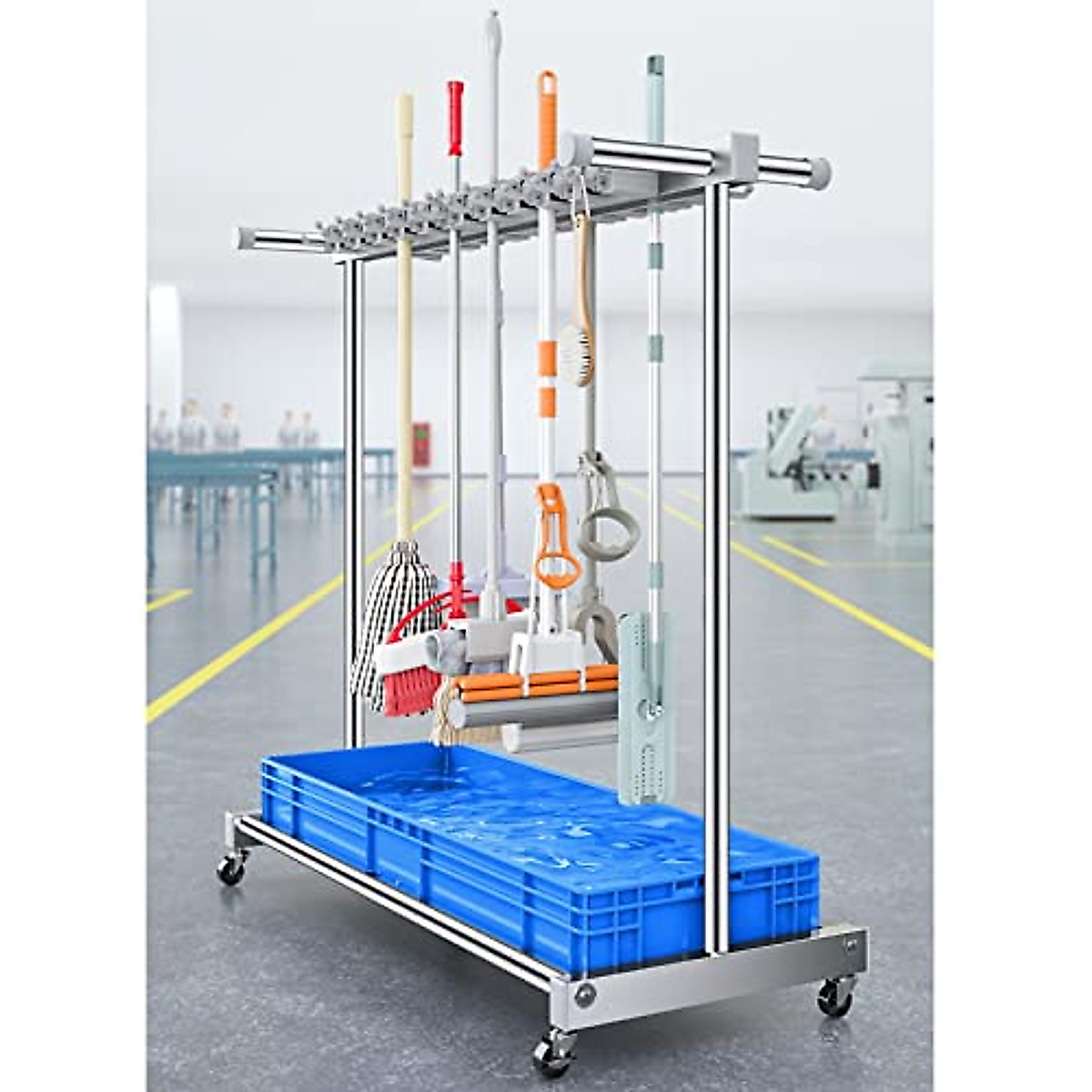 LOJOO Floor Standing Movable Mop Broom Holder Utility Racks, Put Wet mops Cleaning Tool Rack Stainless, Cleaning Tool Cart Storage, for Schools Hospitals Factories Hotels Restaurant