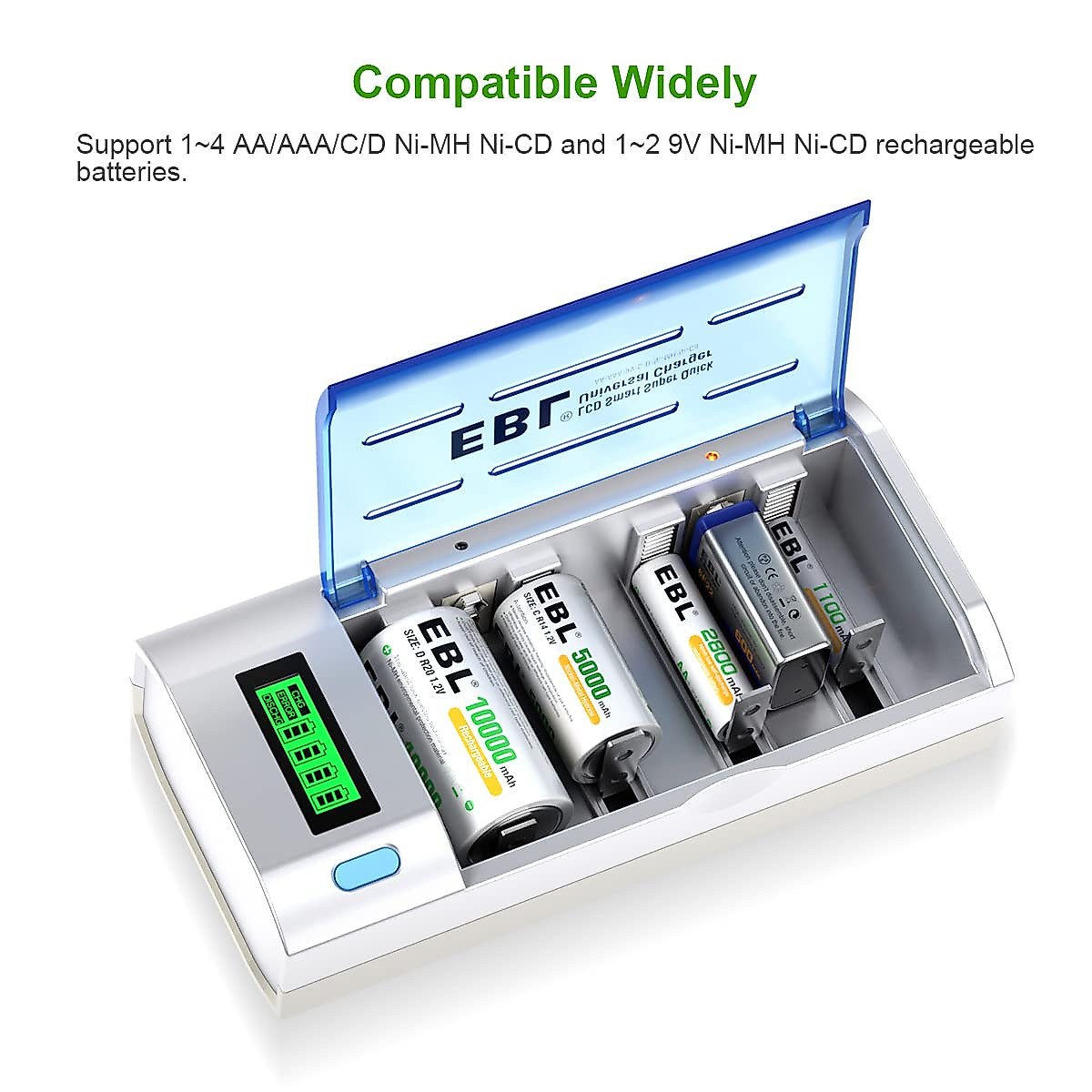 EBL Smart Battery Charger for C D AA AAA 9V Ni-MH Ni-CD Rechargeable Batteries with Discharge Function & LCD Display
