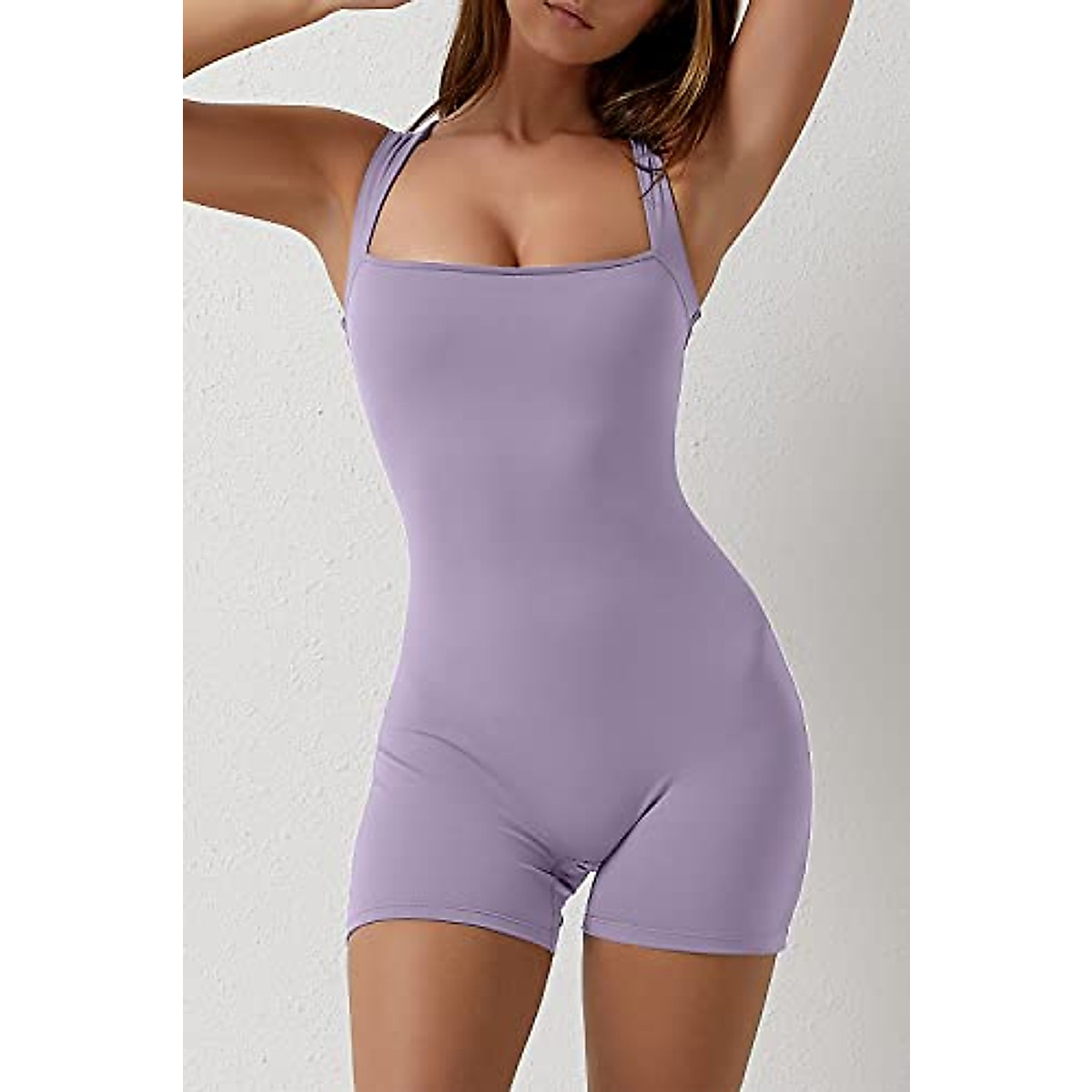 QINSEN Women's Short Seamless Sleeveless Leisure Yoga Workout Gym Jumpsuit for Summer Purple M