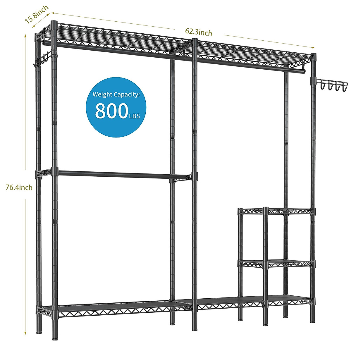 Heavy Duty Clothes Rack Clothing Rack for Hanging Clothes,Large Metal Garment Rack with 4 Tiers Adjustable Wire Shelves&3 Hanger Rods&2 Hooks,Freestanding Closet Wardrobe System,MaxLoad 800lbs