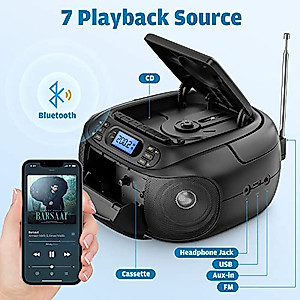 Portable CD Player with Bluetooth, Hernpark Rechargeable Boombox CD Cassette Player Combo with FM Radio Built-in Stereo Sound System/Super Bass/AUX Input/USB Playback/Headphone Jack Output