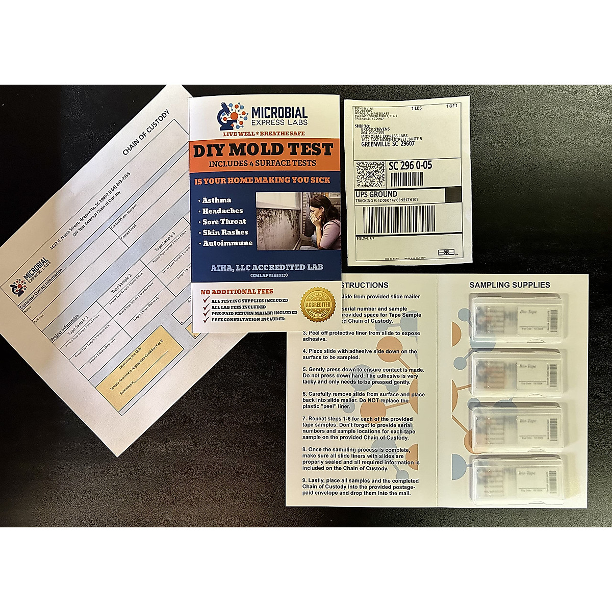 Microbial Express Labs DIY Mold Test Kit (4 Tests). Shipping/Lab Fees Included. AIHA Accredited and Texas Licensed.