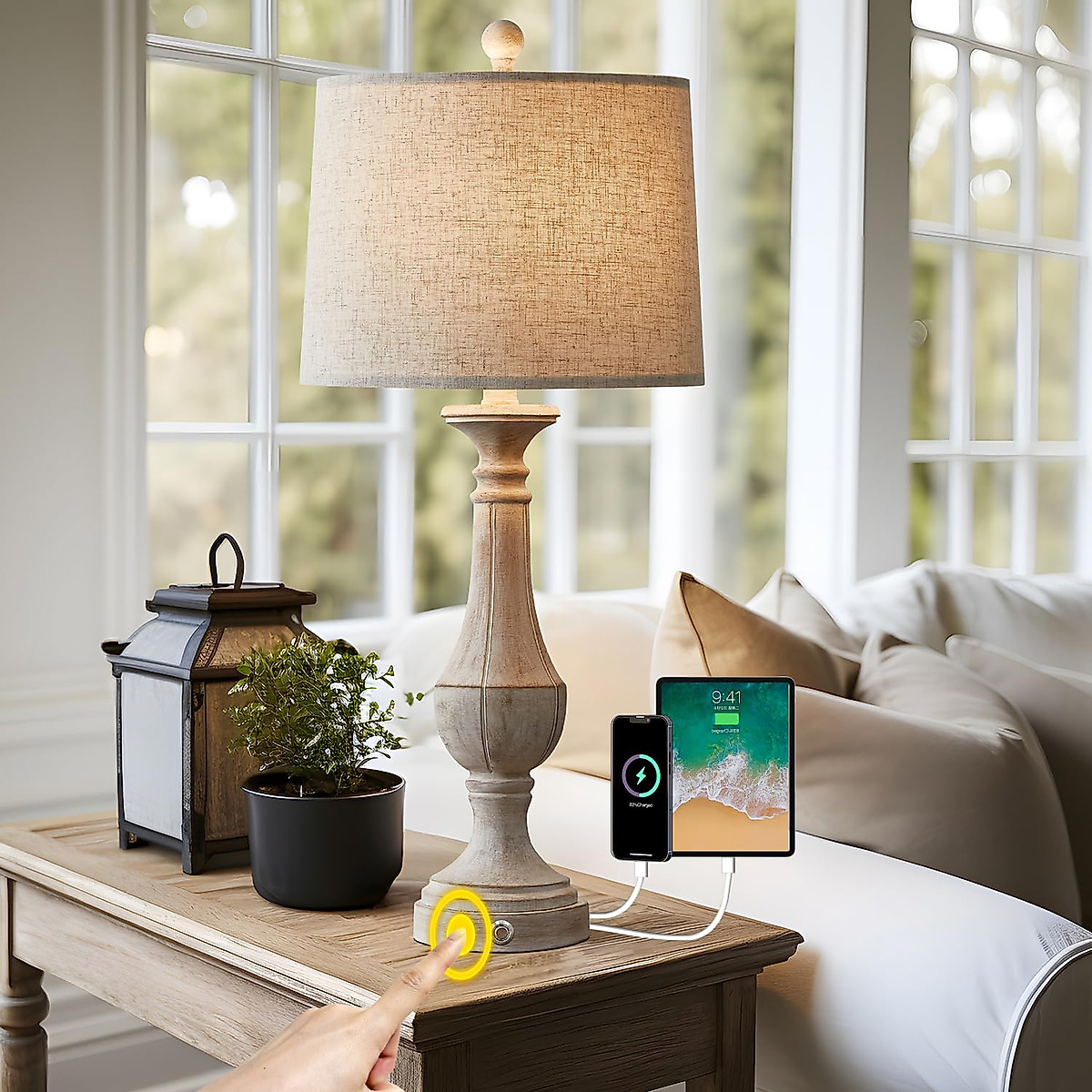 PoKat 27.75" Farmhouse 3 Way Dimmable Touch Table Lamp Sets of 2 Rustic Classic Bedside Nightstand Wood Lamps for Living Room Bedroom with 2 USB Ports Washed White (2 Bulbs Included)