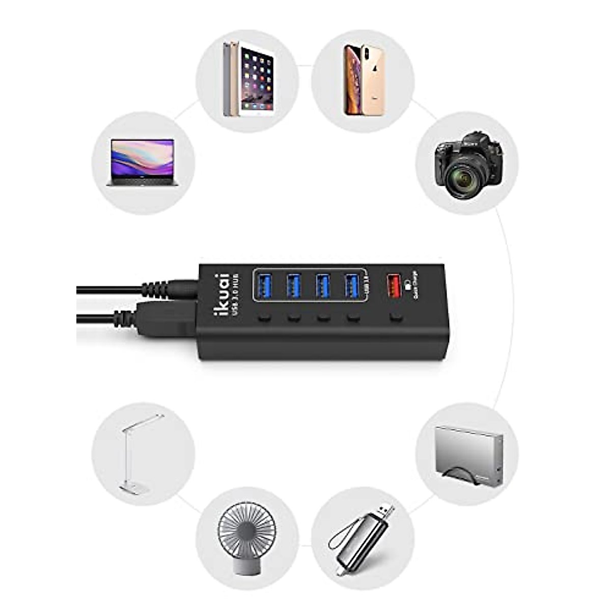 USB Hub 3.0 Powered, ikuai 5-Port Multiple USB Port Splitter, USB 3 Powered Hub, High-Speed Portable USB Port Expander, Charging Supported, 24W Power Adapter for Laptop and PC (RSW-A35B)