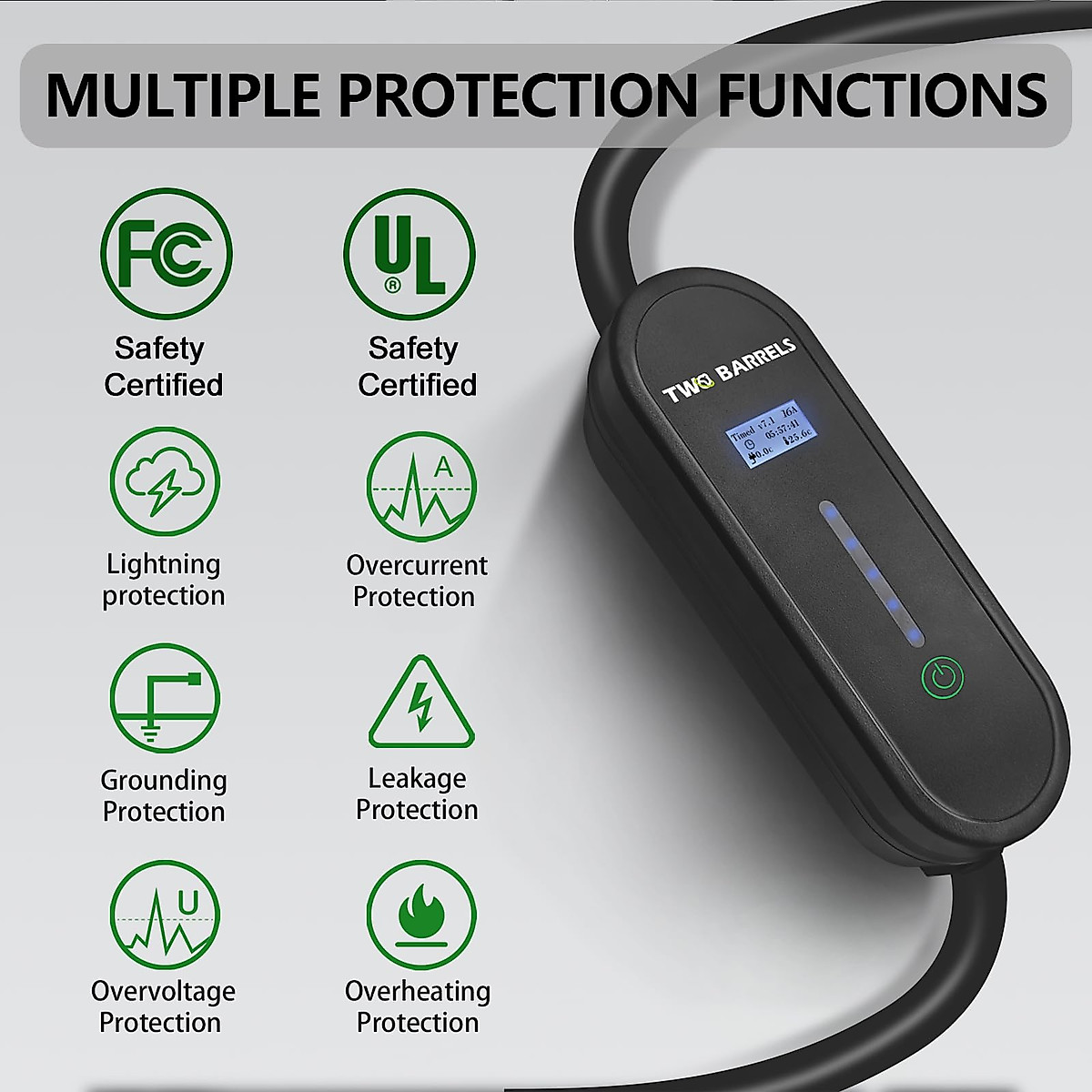 Twobarrels Level 1-2 Portable EV Charger, 16Amp 110-240V 26ft Cable Electric Vehicle Charger, NEMA 6-20 Plug EV Charging Stations with NEMA 5-15 Adapter for J1772 Electric Cars