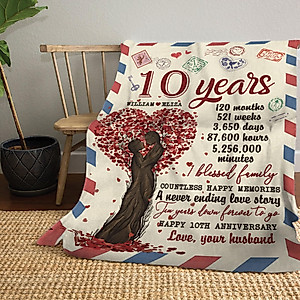MUCHNEE Personalized 10th Wedding Anniversary Throw Blanket, Happy 10th Wedding Blanket Gifts for Couple, Romantic Marriage Gifts for Wife Husband Him Her on Birthday Valentines Day Christmas