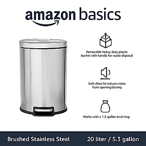 Amazon Basics Round Cylindrical Trash Can With Soft-Close Foot Pedal, 20 Liter/5.3 Gallon, Brushed Stainless Steel