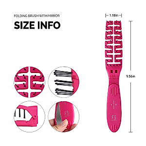 F3 Systems Folding Hair Brush with Mirror, Travel Folding Brush, Compact for Storage, Hair Brush Detangling Comb for Adult and Kids, Portable & Pocket Brush with Mirror, Healthy Shine, Wet & Dry Hair