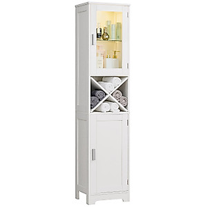 Quimoo Tall Storage Cabinet, Bathroom Cabinet with 2 Doors & LED Sensor Light, Tall Bathroom Storage Cabinet with 3 Adjustable Shelves, Linen Tower Floor Cabinet for Living Room, White