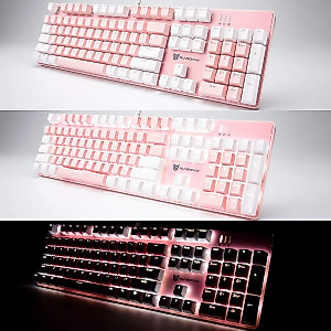 Merdia Mechanical Keyboard Gaming Keyboard | Blue Switch, Pink & White Color, White Backlit Keyboard | 104 Keys US Layout | Wired Gaming Keyboard | Hot Swappable Mechanical Keyboard | PC Keyboard
