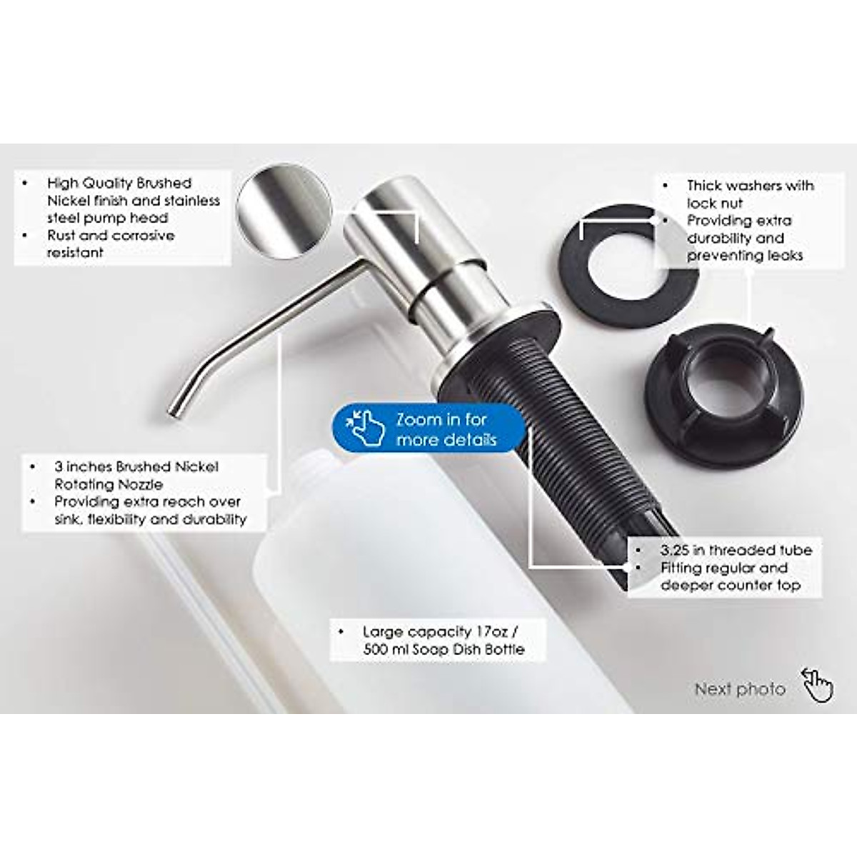 Soap Dispenser for Kitchen Sink (Brushed Nickel), Built in Soap Dispenser, Stainless Steel Pump Replacement