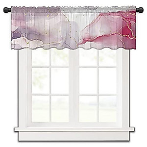 Semi Sheer Curtain Valance for Kitchen Windows Abstract Marble Agate Texture Chiffon Rod Pocket Half Window Curtains Topper for Bathroom/Living Room/Bedroom Pastel Theme Pink Purple White Gold