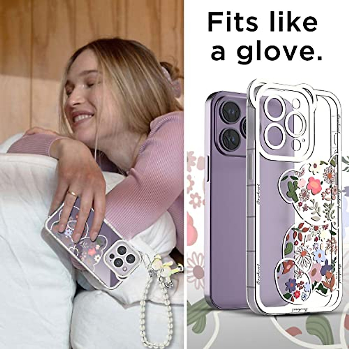 AICase for iPhone 14 Pro Max Case Cute for Women Girl, Bear Floral Flowers Girly Clear Kawaii Phone Case with Bracelet Wrist Strap Chain and Camera Protection Pretty Trendy Protective Cover