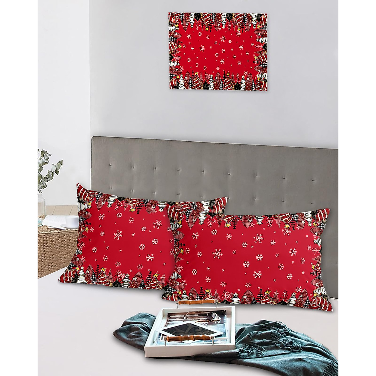 Red Christmas Tree Pillowcases Queen Size,2 Packs Soft Bed Throw Pillow Covers Decorative Sofa Couch Long Body Lumbar Bolster Cushion Case Envelope Closure,Snowflake Star Lattice Polka Dots 20" x30