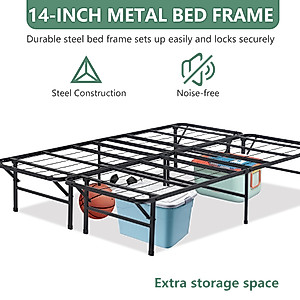 PayLessHere 14 Inch Metal Bed Frame Folding Bed Frame Heavy Duty Steel Slat Platform Bed Frame Mattress Foundation Box Spring Replacement Noise-Free Easy Assembly,Black Short Queen