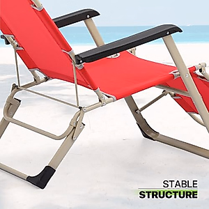 Magshion 2 Pieces Patio Folding Lawn Lounge Chairs Outdoor Lounger Chair Camp Reclining Lounge Chair with Additional Support Bar and Adjustable Headrest for Poolside Backyard