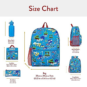 Sonic The Hedgehog Backpack Set | Backpack, Lunchbag, Pencil Case, Water Bottle | Kids Backpack | Blue
