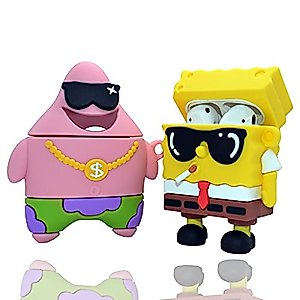 Airpods Case 3D Cute and Funny Anime Characters Cool Spongebob Squarepants and The Rich and Famous Patrick Star Advanced Soft Silicone Airpods Case (2pcs)