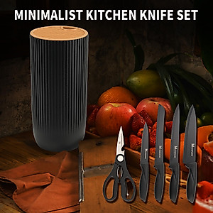 Howashin Knife Set, 6-Piece Black Professional Stainless Steel Knives Set for kitchen with Universal Knife Block - Non-Stick Sharp Blade Chef Knife Set with Cylindrical Knife Block for Gift.