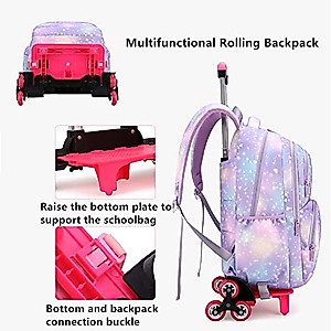 LANSHIYA 3Pcs Rolling Backpack for Girls Dream Princess Wind Bookbag with Wheels Travel Bag Trolley School Bag with Lunch Box Purple