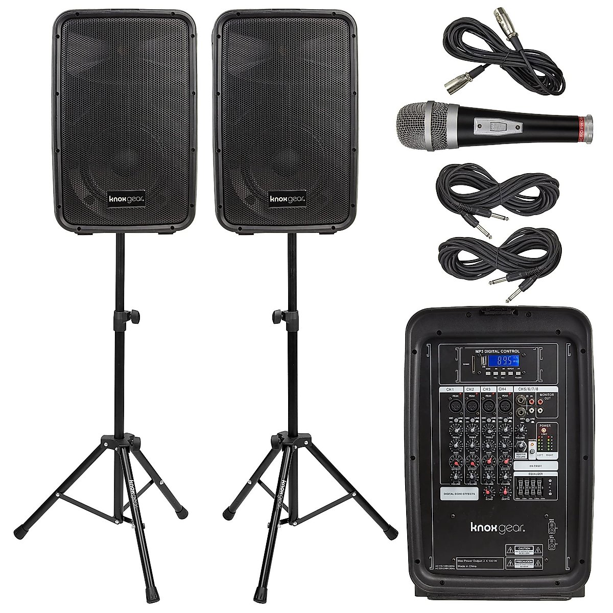 Knox Gear Dual Speaker and Mixer Set–Portable 8” 300 Watt DJ PA System with Wired Microphone & Tripod Stands, Amplifier, Bluetooth, USB, SD, 1/4” Line RCA, XLR Inputs, Ideal for a party or event