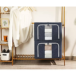 Furnhome Clothes Storage Organizer Bins Containers , Foldable Stackable Storage Bins-Oxford Cloth Steel Frame Storage Box for Clothing Storage with Foldable Clear Window & Reinforced Handles (Navy Dots, 66L, 3PCS)…