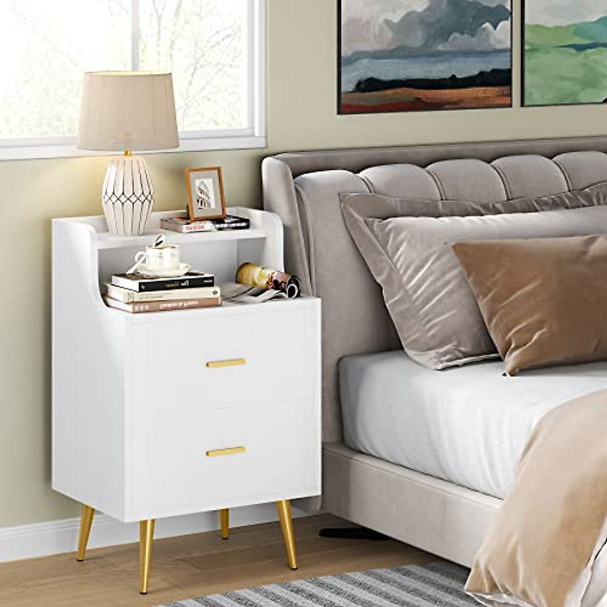 Tribesigns Nightstand, Modern Bedside Table with 2 Drawers and Heightened Open Shelf, End or Side Table with Golden Metal Legs, Bed Night Table for Bedroom(White), Storage Wooden Night Stand (1 pc)