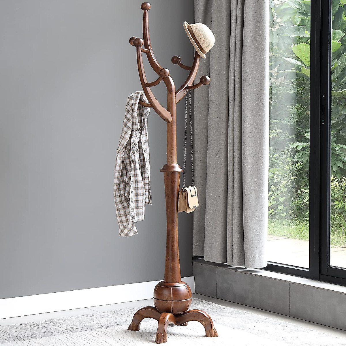 Coat Rack Freestanding Wood Coat Tree Rack with 8 Hooks, Creative Design Tree Branch-look, Standing Coat Rack Clothes Hanger Stand with Stury Base for Entryway, Hallway, Bedroom - Load 160lb (Walnut)