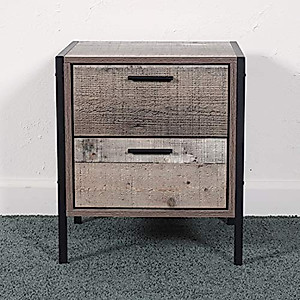 OS Home and Office Furniture Model Two Drawer Metal Frame and Legs night stand, Rustic Reclaimed Barnwood Laminate