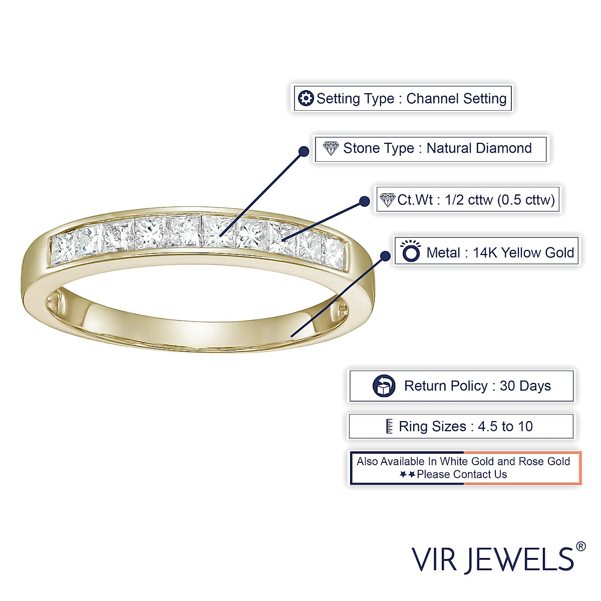 Vir Jewels 1/2 carat (ctw) Diamond Wedding Anniversary Band for Women, Half Eternity Princess Cut Square Diamond Engagement Ring 14K Yellow Gold Channel Set 0.50 cttw, Size 10