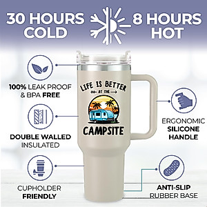 KEDRIAN Camping Tumbler 40oz, Cool Camping Birthday Gifts for RV Campers, Happy Camper Tumbler, Camping Tumbler with Lid, Camping Gifts Ideas, Happy Camping Gifts for Campers
