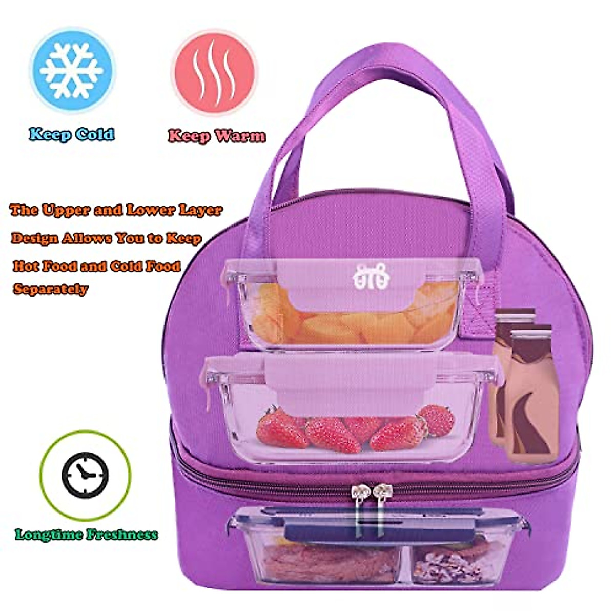 Lovyan Insulated Lunch Bag Double Layer Simple Bento Cooler Bag Waterproof Lunch Handbag for Women Men Adult Picnic Work Hiking Beach (Purple)