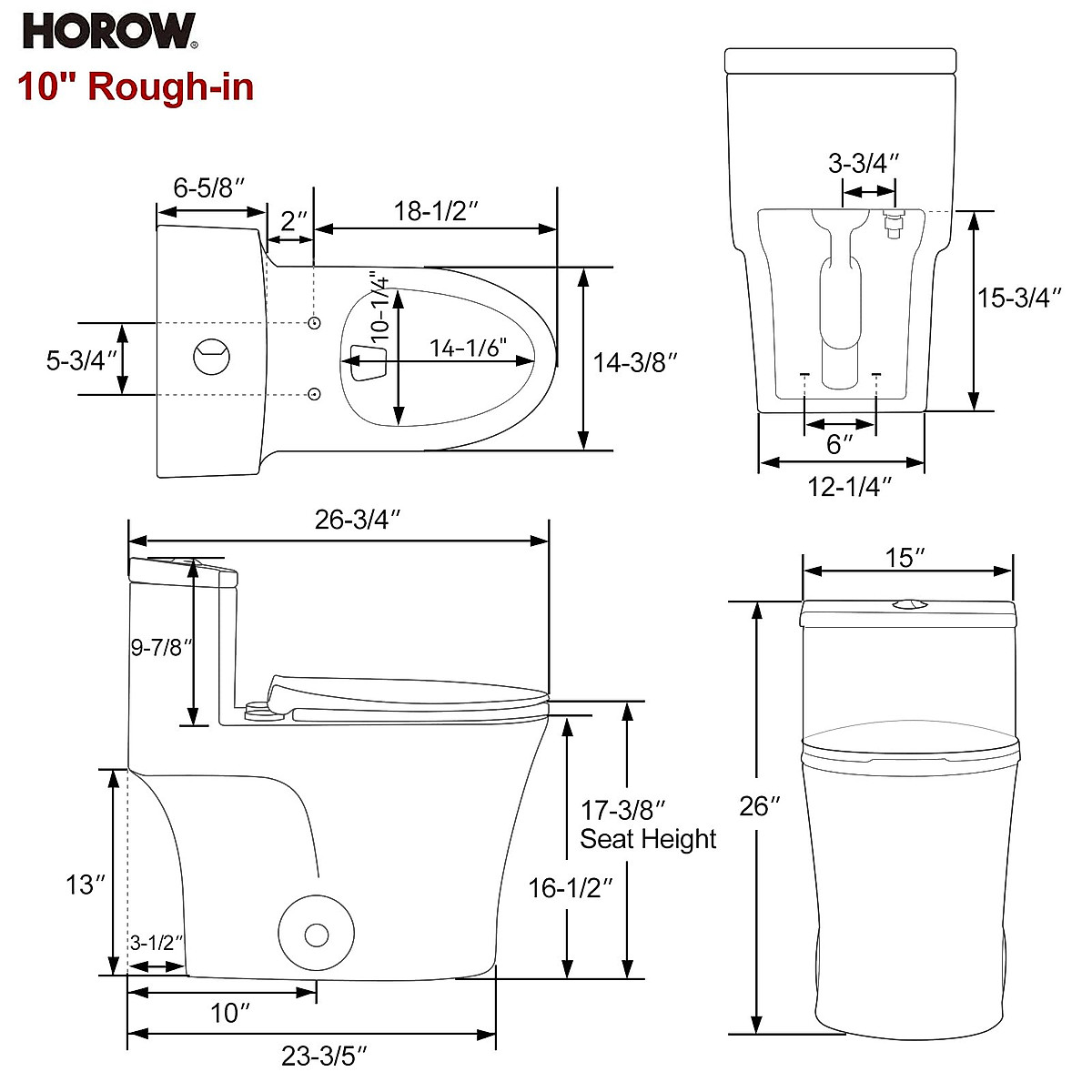 HOROW T0338W One Piece Toilet 10" Rough-in, Elongated Toilet with Comfortable Seat Height, ADA Chair Height 17.3", Dual Flush 0.8/1.28 GPF & MAP 1000g, Standard White Toilet Bowl, Space Saver Design