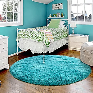 Merelax Teal Round Rug for Kids Room, 4'x4' Fluffy Circle Rugs for Teen Boys Cute Nursery Rug for Baby, Furry Shaggy Rug for Dorm Bedroom Living Room, Fuzzy Plush Circular Carpet for Home Decor