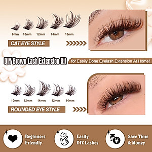 Lash Extension Kit Brown Lash Clusters with Brown Bond and Seal DIY Eyelash Extension Kit Natural Look 8-16mm Lash Clusters Kit DIY at Home by Yawamica