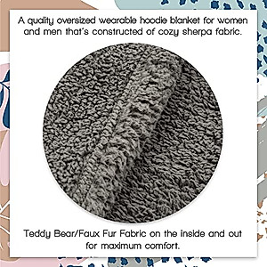 Tenby Wearable Blanket for Women and Men, Oversized One Size Fits All Blanket Hoodie Sweatshirt with Front Pocket, Cozy Indoor Outdoor Foldable Portable Sherpa with Handle and Trolley Straps, Gray