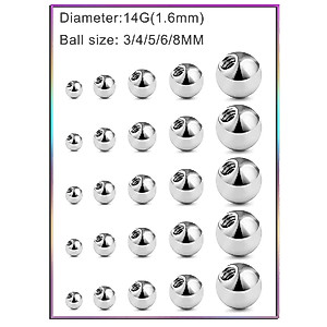 Prjndjw 25Pcs 14G Replacement Balls Externally Threaded Surgical Steel Balls Industrial Barbell Tongue Nipple Belly Button Piercing Rings Parts 3MM 4MM 5MM 6MM 8MM