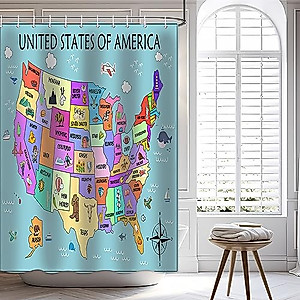 DLTAY United States Map Shower Curtain, USA Shower Curtain Cartoon Animal US Map Kids Educational Shower Curtain Set Waterproof Bath Tub Curtain Bathroom Decor with 12 Hooks, 72x72 inches