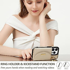 Keallce Case for iPhone 14 Pro 6.1'' 2022, Flip Wallet Case with Card Slots, Ring Stand Holder Kickstand, Folio Leather Protective Phone Cover for Ladies Women Compatible with iPhone 14 Pro 5G, Beige