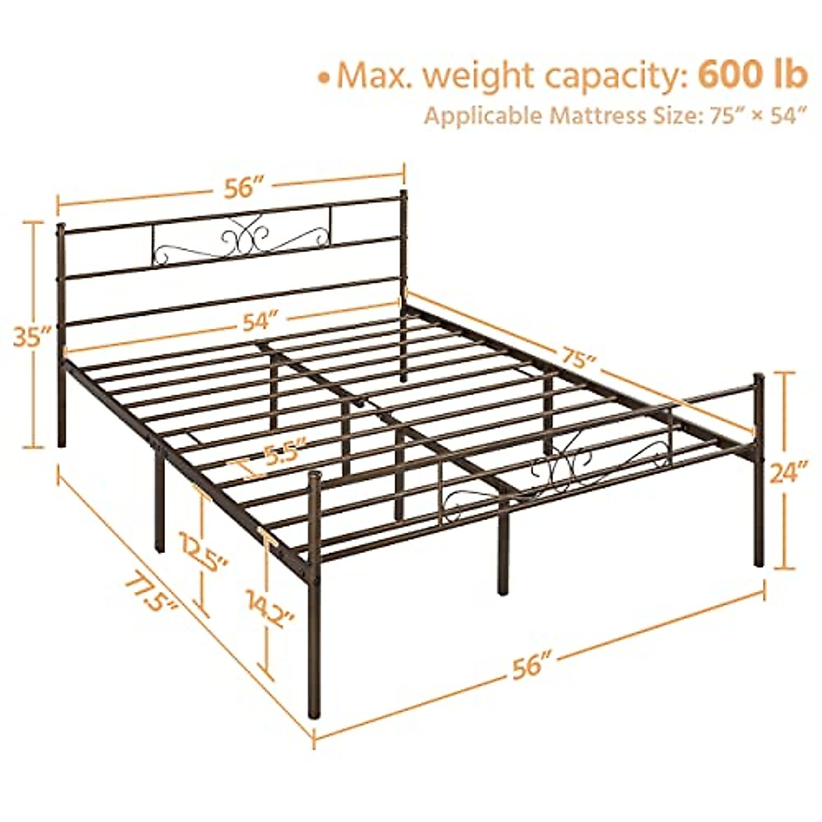 Yaheetech Classic Metal Platform Bed Frame with Headboard and Footboard Flower Design Mattress Foundation Easy Set Up Structure Full Size Bronze