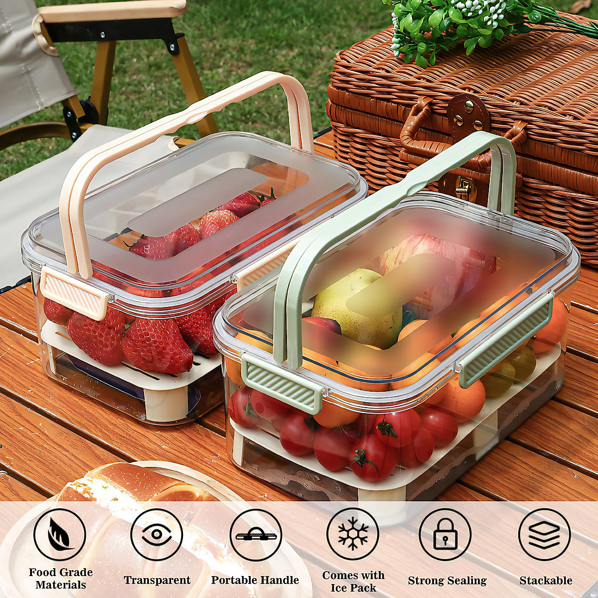 Ice Chilled Snackle Box Container with Ice Pack Portable Cooler Box with Lids & Handle for Camping Picnic Airtight Fruit Storage Containers for Fridge Berry Fresh Keeper for Meal Veggie Snack,Coffee