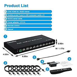 4K HDMI Switcher 8 in 1 Out with KVM, 4K Multi-Viewer with IR Remote and Button Switch, HDMI Splitter with 16 Modes Displays 1 Full Screen+15 Kinds Split Screen Modes, 2 USB Port for Keyboard/Mouse