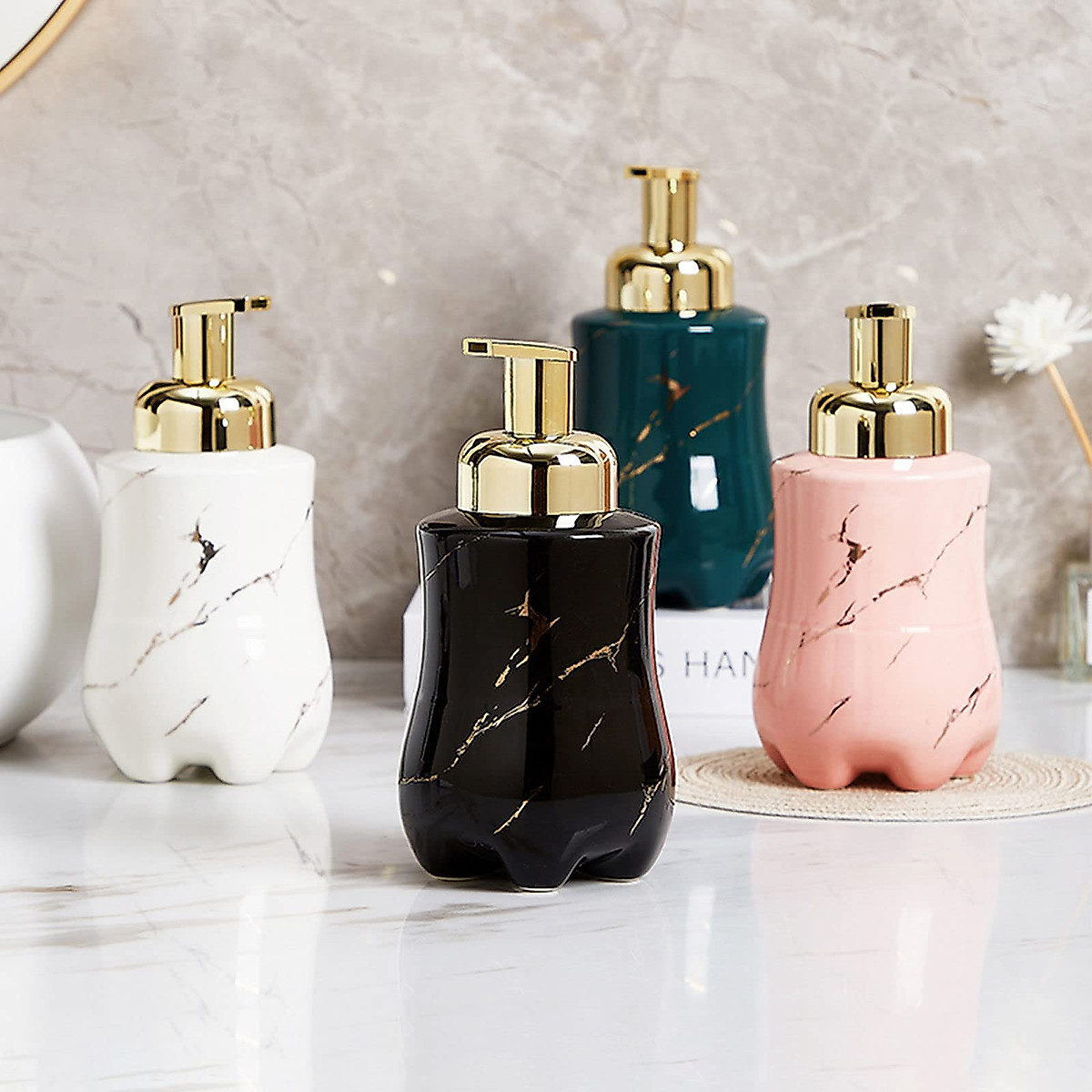 Soap Dispenser,/Marble Ceramic Foaming Soap Dispenser, Foam Soap Dispenser with Gold Pump, Hand Foaming Dispenser, for Barthroom Kitchen-pink-400ml/short (Color : Pink)